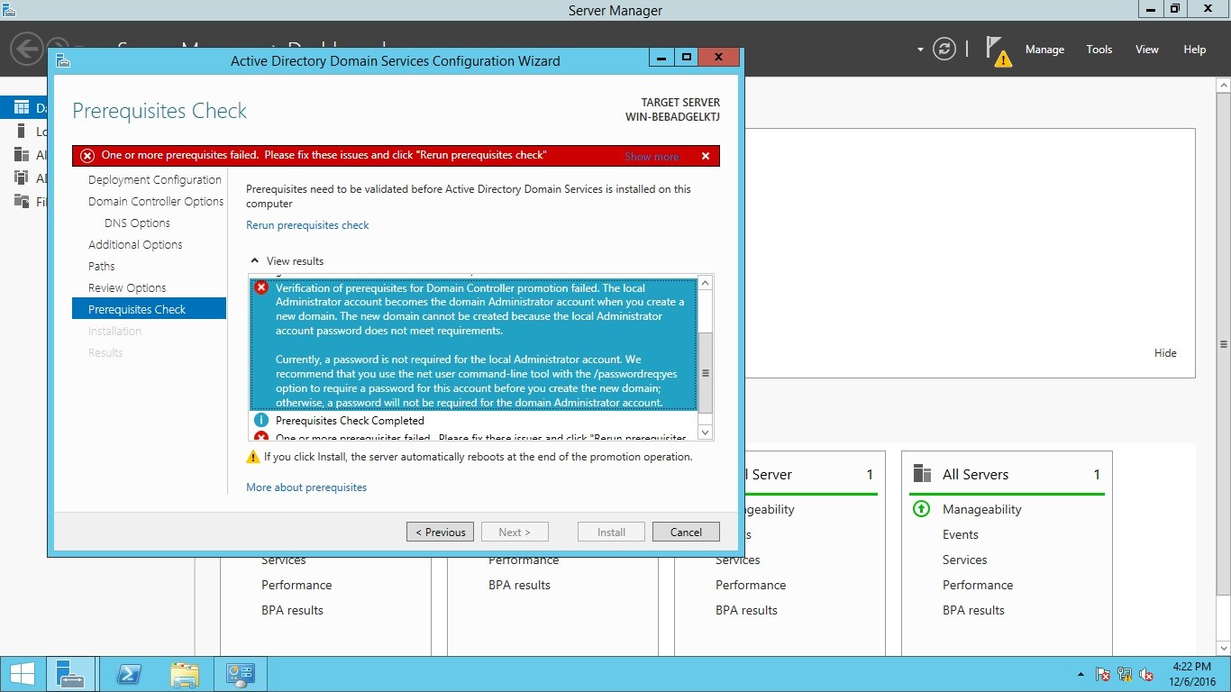 AD Verification of prerequisites for Domain Controller promotion failed ...